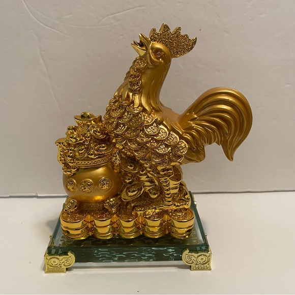 Art | Gold Rooster With Treasure Pot On Glass Stand Statue Home Decor ...